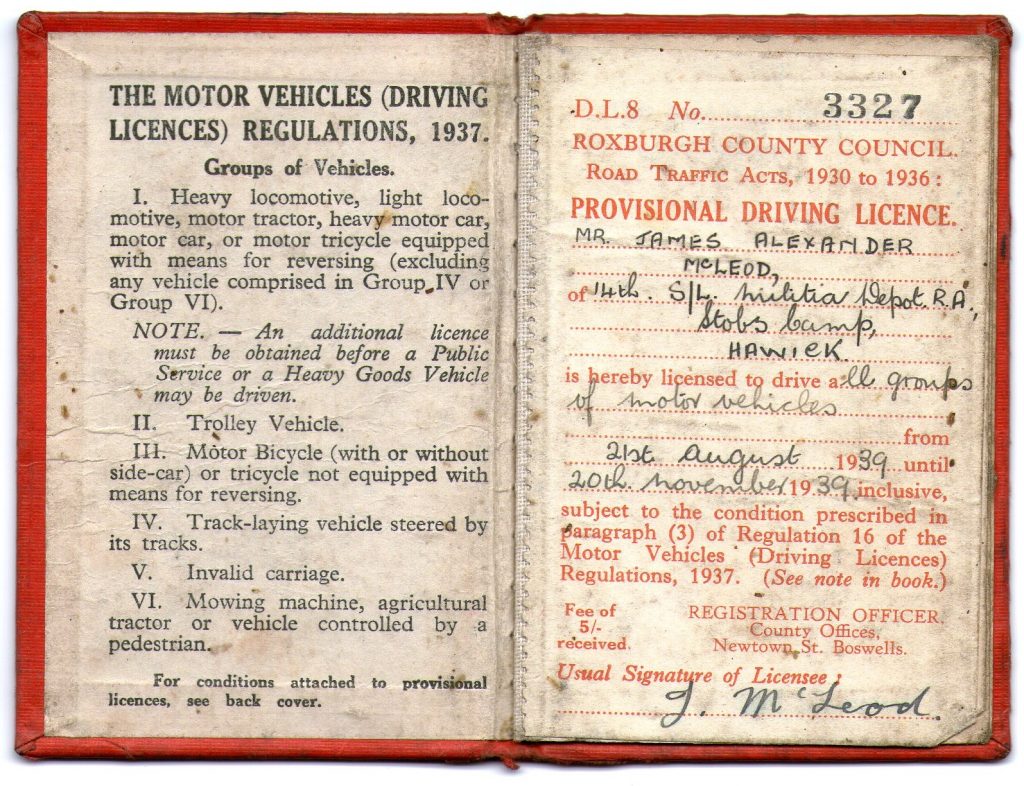 James Alexander McLeod's driving licence - Stobs Military Camp Hawick ...